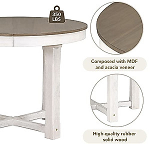 P PURLOVE Farmhouse 5 Piece Round Dining Table Set for 4,Two-Size Round to Oval Extendable Butterfly Leaf Wood Dining Table with 4 Upholstered Chairs for 4,Dining Room Table Set