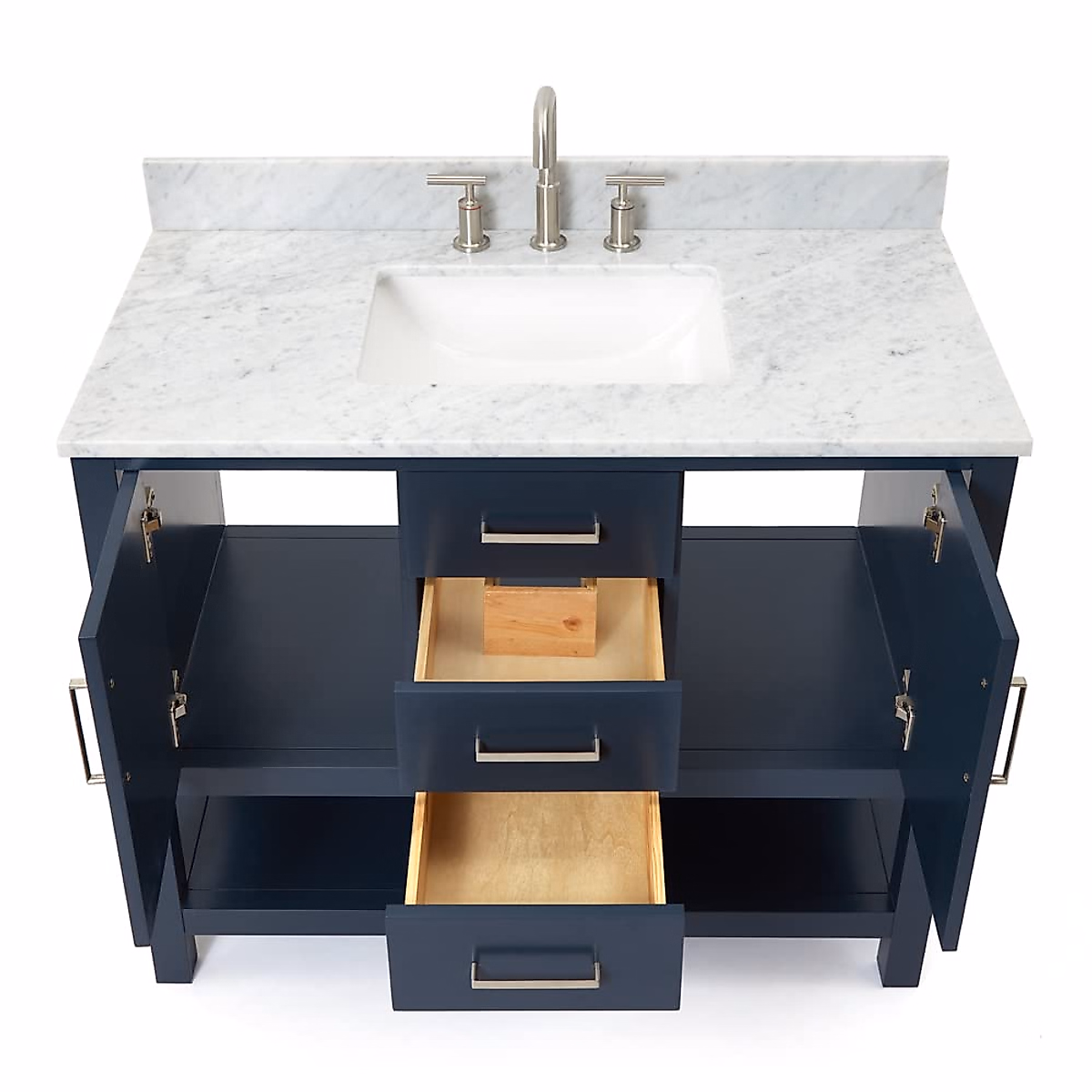ARIEL Bayhill 43 in. Rectangle Sink Vanity with Carrara White Marble Countertop in Midnight Blue