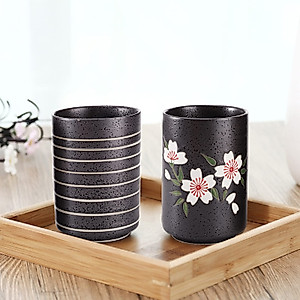 Hedume Set of 2 Japanese Tea Cups, 10oz Ceramic Teacup Mug, Japanese Cherry Blossoms and Line Design Ceramic Tea Cups Set for Green Tea, Matcha Tea, Bancha