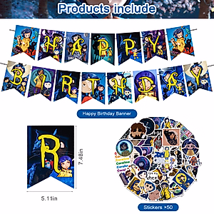 Coraline Party Decorations,Birthday Party Supplies For Halloween Coraline Party Supplies Includes Banner - Cake Topper - 12 Cupcake Toppers - 18 Balloons - 50 Coraline Stickers