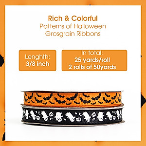 2 Rolls 50 Yards Halloween Ribbon 3/8 Inch Wide, Bat and Ghost Grosgrain Ribbon for Gift Wrapping, Halloween Decoration, Sewing, DIY Crafts (Orange/Black)