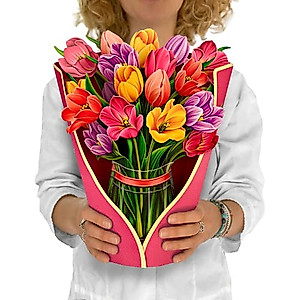 Freshcut Paper Pop Up Cards, Festive Tulips, 12 inch Life Sized Forever Flower Bouquet 3D Popup Paper Flower Easter Mother's Day Greeting Cards with Note Card and Envelope