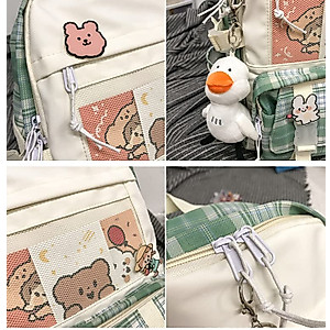 KOWVOWZ Kawaii Plaid Backpack with Pin Cute Cartoon Plush Pendant for Girl School Bag (Green)