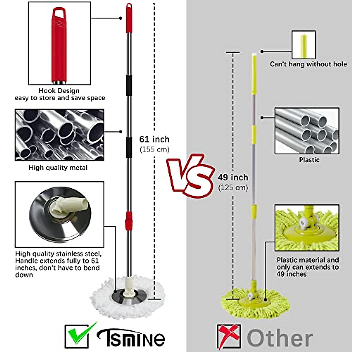 Hardwood Floor Mop for Floor Cleaning ,Tsmine Floor Microfiber Wet Dry Mop ,Commercial Household Clean Hardwood, Mop & Refills Set Include 2 Replacement Heads Refills and 61" Extended Mop Pole Handle