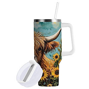 Nesatuwa 30 oz Sunflowers Highland Cow Tumbler with Handle and Straw Lid,Reusable Stainless Steel Vacuum Insulated Tumbler Leakproof Travel Coffee Mug for Iced and Hot Beverages