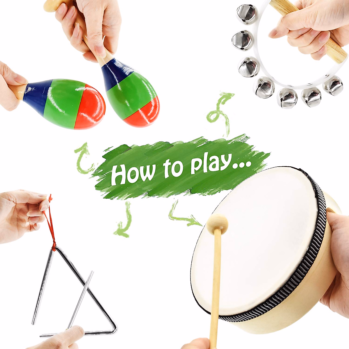 MUSICUBE 7 Pcs Musical Instrument Toys Set for Kids Wooden Percussion Instrument with Hand Drum, Maracas, Triangles, Hand Bell Educational Instrument for Toddler Birthday Gift for Boys Girls Aged 3+