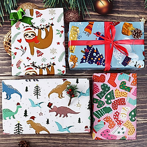 CAMKUZON Christmas Wrapping Paper for Kids Boys Girls Baby Women Men - 12 Sheets Xmas Gift Wrap 4 Cartoon Designs Dinosaur, Sloths, Snowmen, Socks - Folded Flat, 20 Inch X 29 Inch Per Sheet