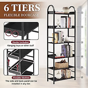 6-Tier Bookcase Freestanding Bookshelf with MDF Board & Round Top Frame, Narrow Rectangular Storage Shelves with Adjustable Foot Pads for Living Room, & Small Spaces (Black)