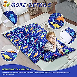 Cloele Dinosaur Toddler Nap Mat with Reusable Pillow and Minky Blanket - Kids Sleeping Bag for Boys 50"x20" Blue Kids Preschool Nap Sack - Soft Perfect for Kindergarten Sleeping Mat Travel Sleepovers