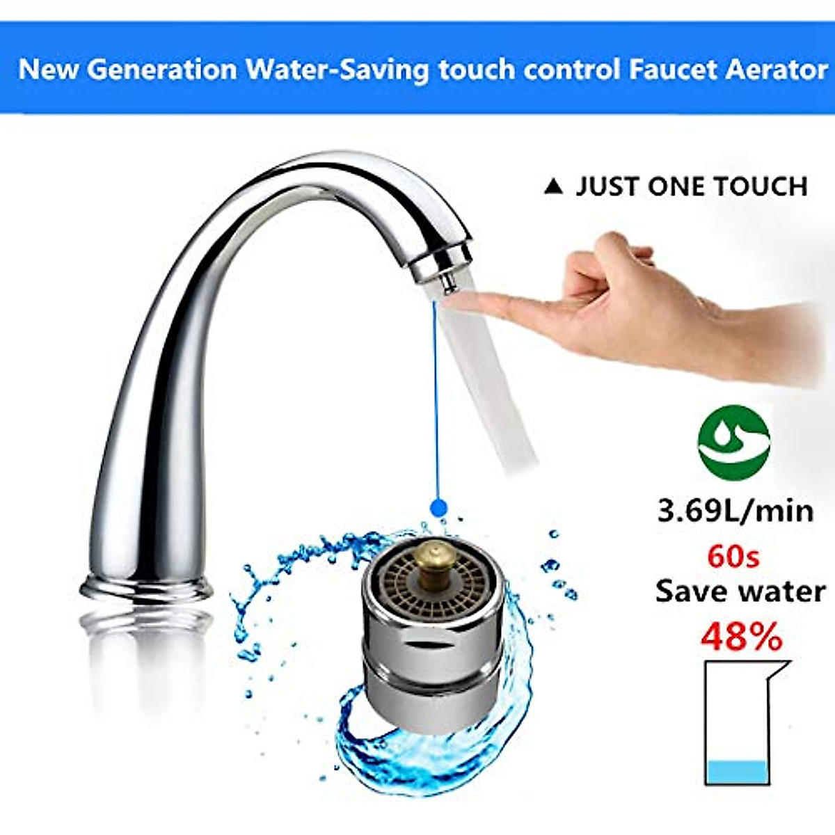 JUSTDOLIFE Water Saving Aerator Touch Control Faucet Nozzle Faucet Aerator For Kitchen (Silver)