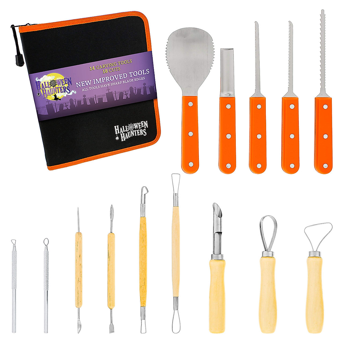 Halloween Haunters Ultimate 14 Piece Professional Pumpkin Carving Tool Kit - Easily Carve Sculpt Halloween Jack-O-Lanterns - 18 Cuts, Scoops, Scrapers, Saws, Loops
