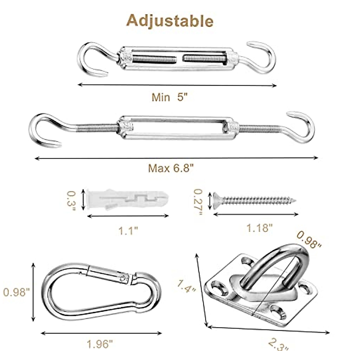Bygytyo Sun Shade Sail Hardware Kit, 40 Pcs 304 Grade Stainless Steel 5 inch Sun Shade Sail Accessories,Anti-Rust Shade Sail Installation for Garden and Outdoor Patio Lawn