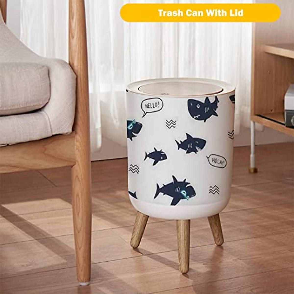 Small Trash Can with Lid Cute Shark Kids t Shirt Wood Legs Press Cover Garbage Bin Round Simple Human Waste Bin Wastebasket for Kitchen Bathroom Office, 8.67x14.3inch