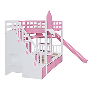 SIYSNKSI Twin-Over-Twin Castle Style Bunk Bed with 2 Drawers and 3 Shelves, Wood Bunk Bed Frame with Slide and Storage Staircase for Kids Teens Boys Girls, Maximize Space Savings (Pink-Twin-3)