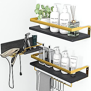 LYNNC 3 in 1 Rustic Floating Shelves, Decorative Storage Shelves with Towel Bar, Wall Mounted Shelves Holder for Bathroom, Kitchen & Bedroom - Set of 3 Shelves