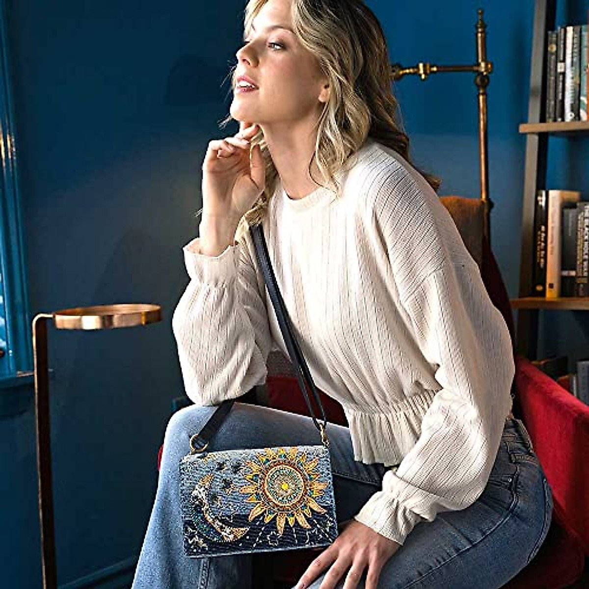 Mary Frances Solar System Beaded Sun and Moon Crossbody Clutch Handbag, Blue
