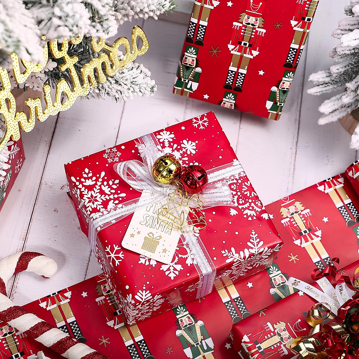 WRAPAHOLIC Reversible Nutcracker Christmas Wrapping Paper - Mini Roll - 17 Inch x 33 Feet - Red Nutcracker and Snowflake Design for Christmas, Holiday, Party Celebration