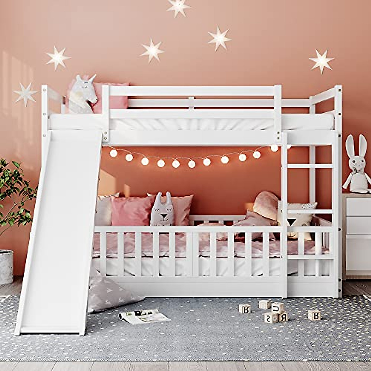 FIQHOME Twin Over Twin Bunk Bed with Slide and Ladder,Floor Bunk Bed for Kids Toddlers, Wood Low Bunk Beds Frame with Ladder and Fence for Boys Girls Teens,White