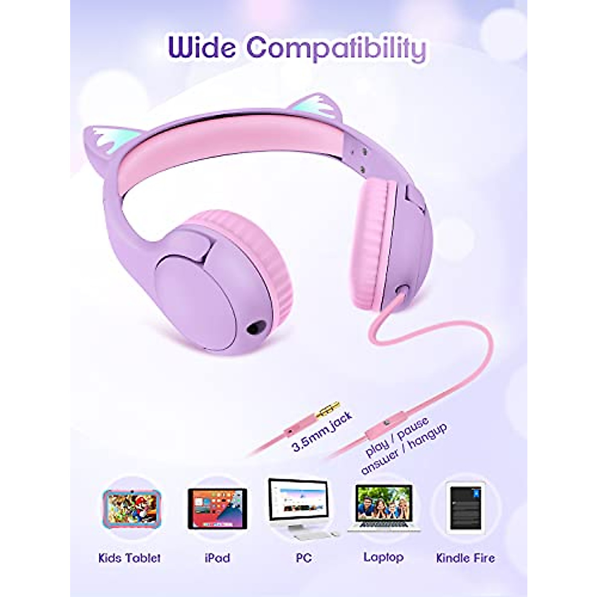 PINGKO Kids Headphones: Toddler Headphones with Microphone - Cat Ear Headphones for Girls Boys, LED Light 3.5mm Jack, 85db Volume, Music Sharing Stereo Earphones for iPad | School | Travel (Purple)