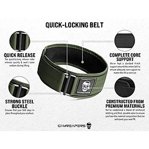 Gymreapers Quick Locking Weightlifting Belt for Bodybuilding, Powerlifting, Cross Training - 4 Inch Neoprene with Metal Buckle - Adjustable Olympic Lifting Back Support (Ranger Green, X-Large)