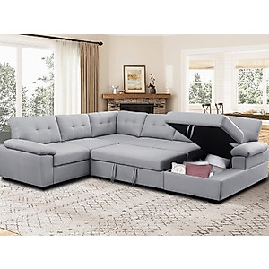 Sleeper Sofa Pull Out Couch with Storage, Modular Sectional Sofa Bed with Chaise Lounge, Modern Comfy 6 Seater U Shape Couch Bed for Living Room, Apartment, Home Office(Grey)