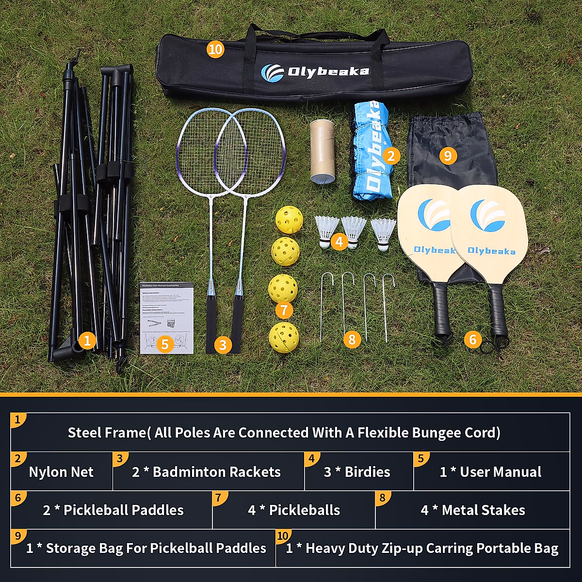 Olybeaka All-in-one Portable Badminton Net Pickleball Net Height Adjustable Kids' Volleyball Net Set for Backyard Beach Driveway Include 4 Aluminum Badminton Rackets + 2 Pickleball Paddles (10 ft)