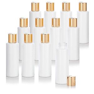 JUVITUS 4 oz / 120 ml White Plastic HDPE Refillable Cylinder Squeeze Bottle with Gold Disc Cap (12 Pack)
