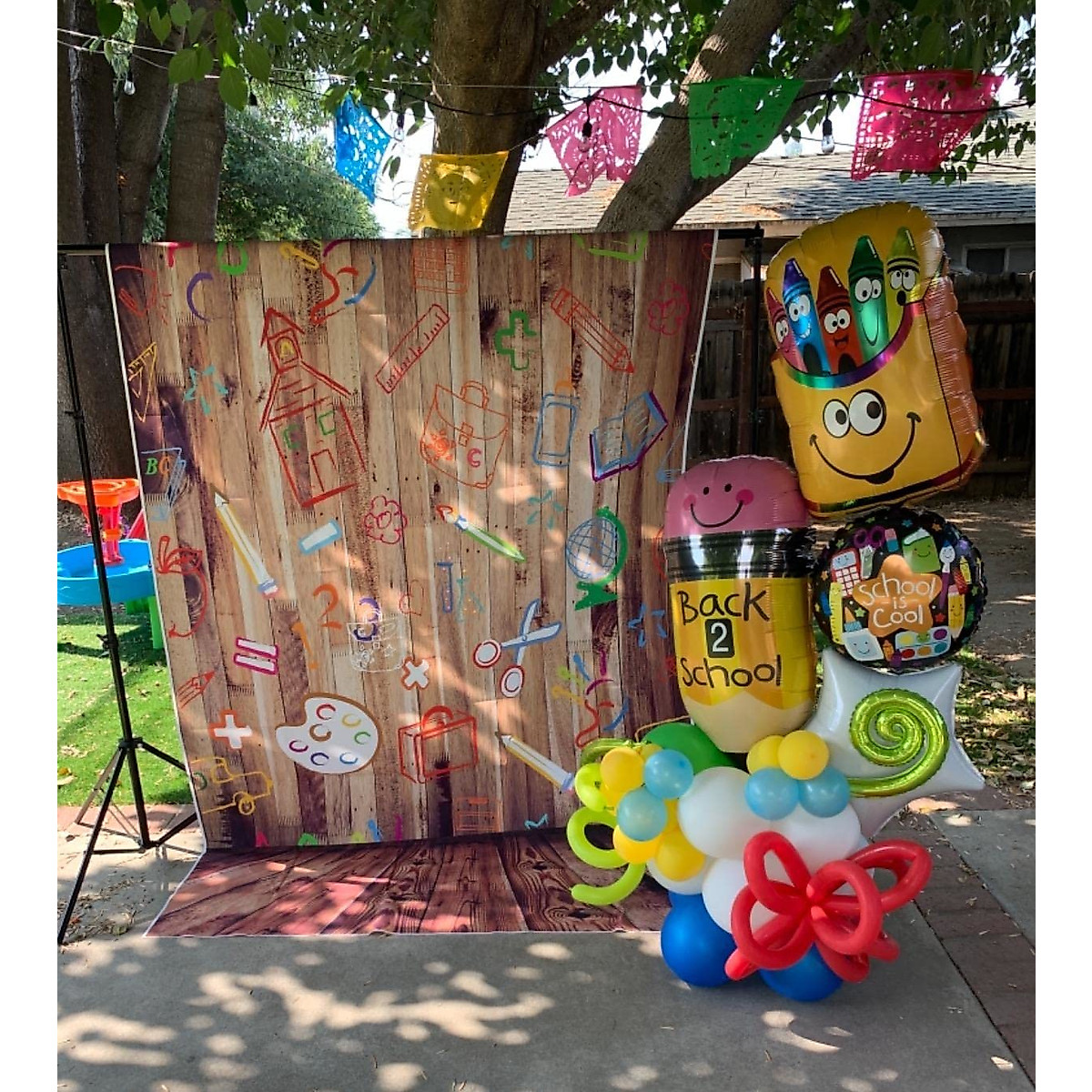 Leowefowa Back to School Backdrop 5x7ft Vinyl Photography Backdrops Hand Painted Pencils House Books on Vintage Retro Stripes Wood Floor Background Baby Kids Children Photo Studio Props