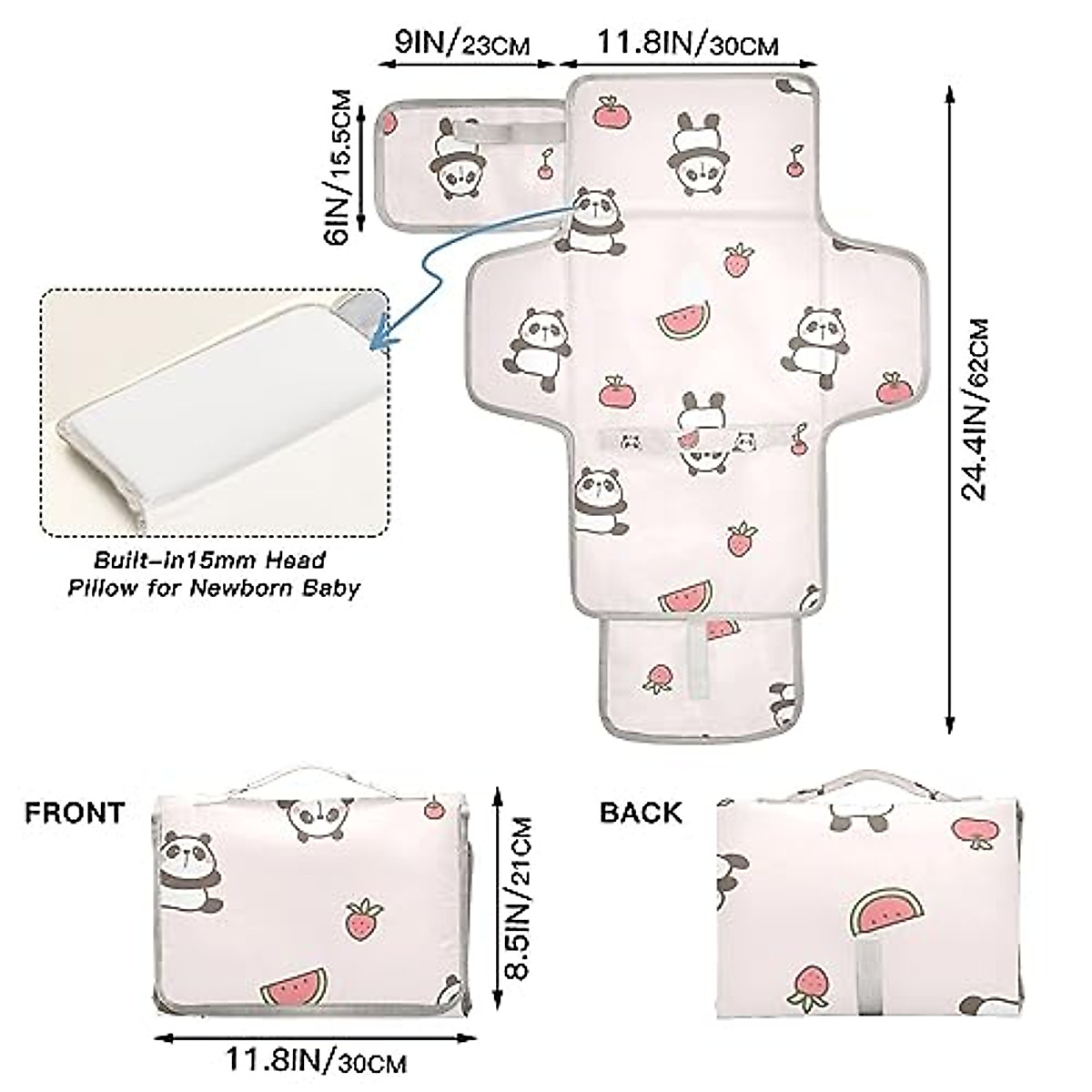 Bulletgxll Pink Panda Portable Diaper Changing Pad Waterproof Changing Pad with Baby Tissue Pocket and Magic Stick for Newborn Baby.