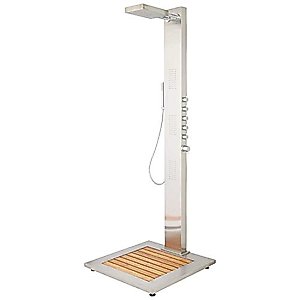 Signature Hardware 417701 Dalton Stainless Steel Thermostatic Outdoor Shower Panel with Shower Head, Hand Shower, Bodysprays and Bamboo Tray
