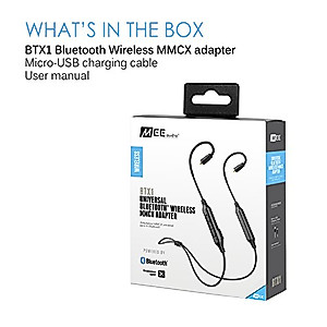 MEE audio BTX1 Bluetooth wireless universal MMCX adapter cable with Qualcomm aptX® technology, microphone, and remote (Black)