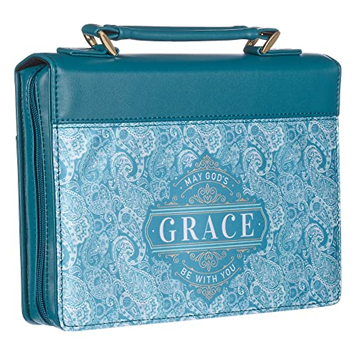 Christian Art Gifts Teal Vegan Leather Fashion Bible Cover for Women: God's Grace Be with You - Inspirational Book Carry Case w/Cute Paisley Pattern, Silver Zipper, Pockets & Pen Storage, Large