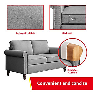 PUREMIND Loveseat, Light Grey Sofa Couches for Living Room, Linen Fabric, Mid Century Modern Couch with Solid Wood Frame and 4 Gourd Shapes Legs, Small Couches for Small Spaces