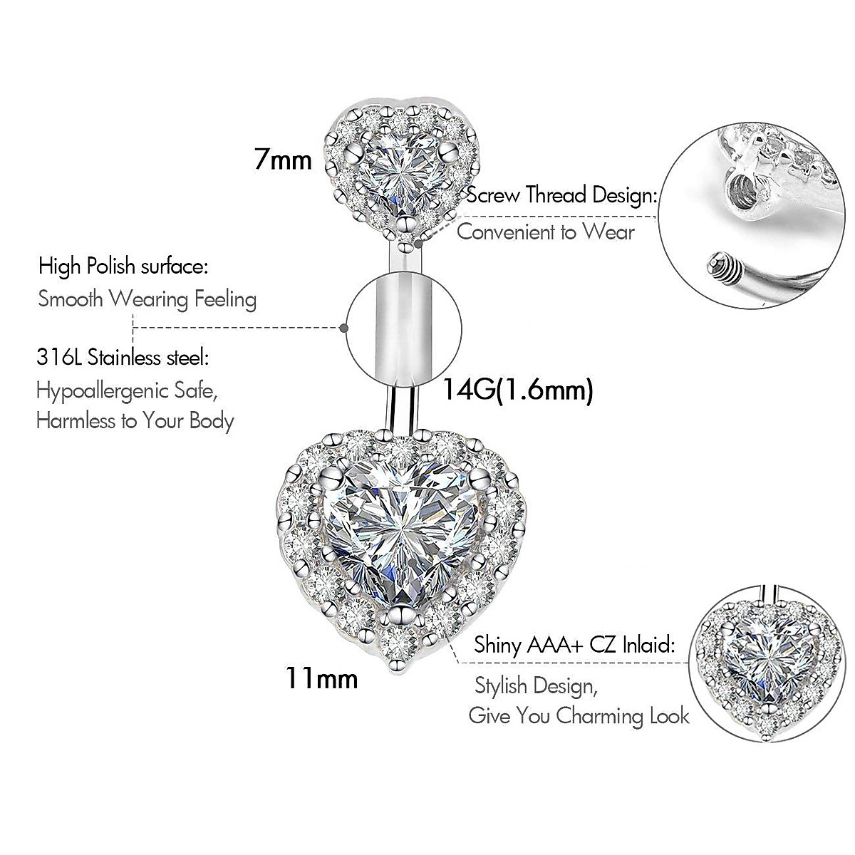 Incaton 14G Belly Button Rings, Stainless Steel Heart Diamond 6mm/10mm Bar Belly Rings For Women, Hypoallergenic Short Bar Navel Piercings Silver 10mm