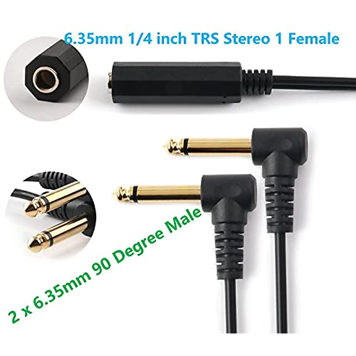 1/4 inch Splitter 6.35mm TRS Stereo Female to 90 Degree Dual 6.35mm Mono TS Male AUX Adiuo Y Splitter Cable for Studios Pro Sound & DJ's 11inch