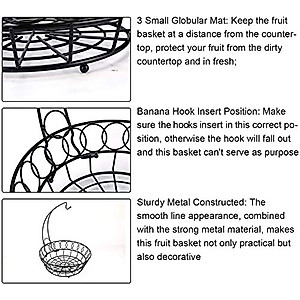 TQVAI Wire Fruit Basket Bowl with Banana Hook Hanger, Black