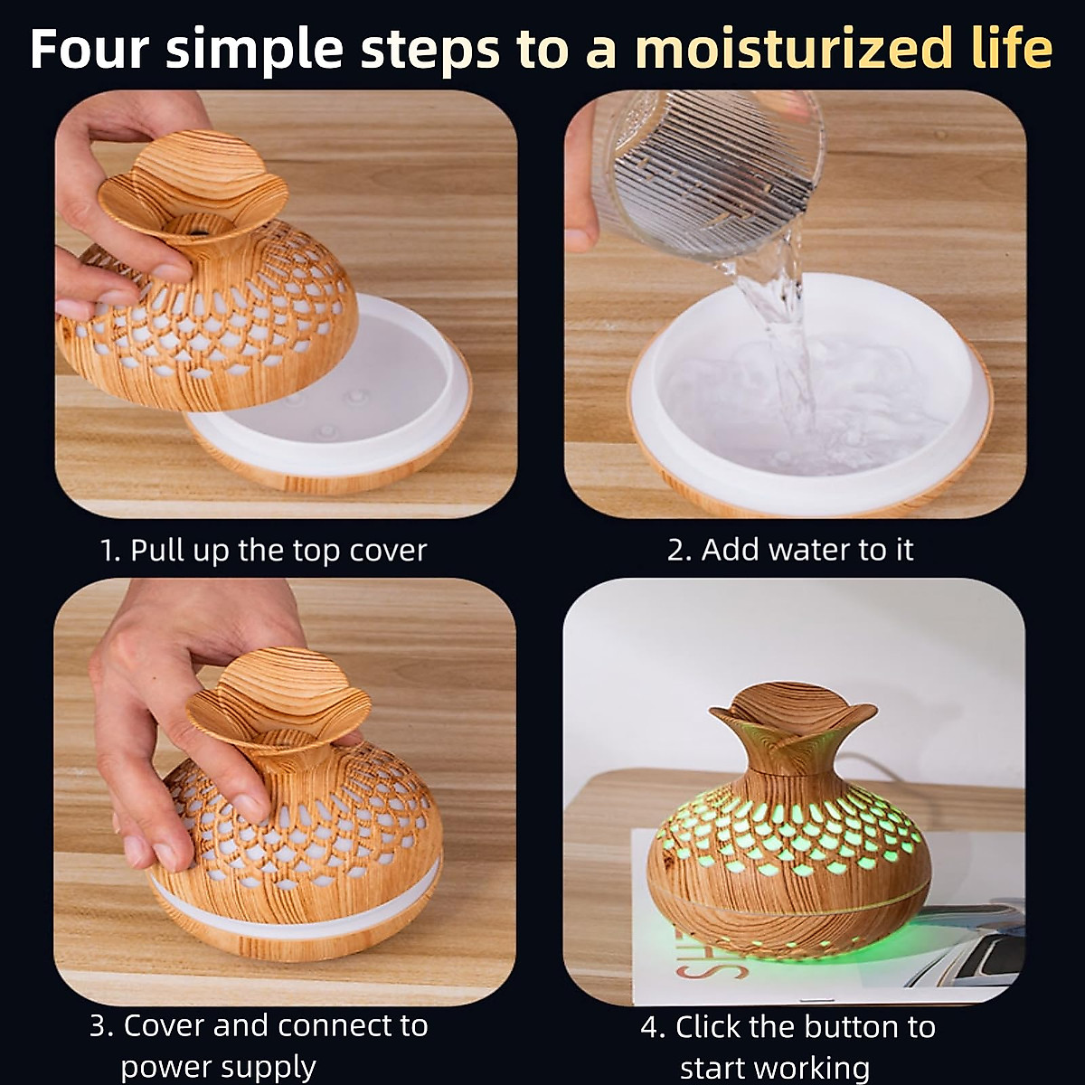 Yaindhi Colorful Mini Humidifier, Flower Shape Humidifier,USB Personal Desktop Cool Humidifier 7 colors,2 Mist Modes,Super Quiet for Car, Office Room, Bedroom,etc. (Light wood)