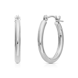 14k White Gold Polished Real Gold Hoop Earrings, Plain Round Gold Hoops, 14 Karat Real Gold 13mm (0.5 inch)