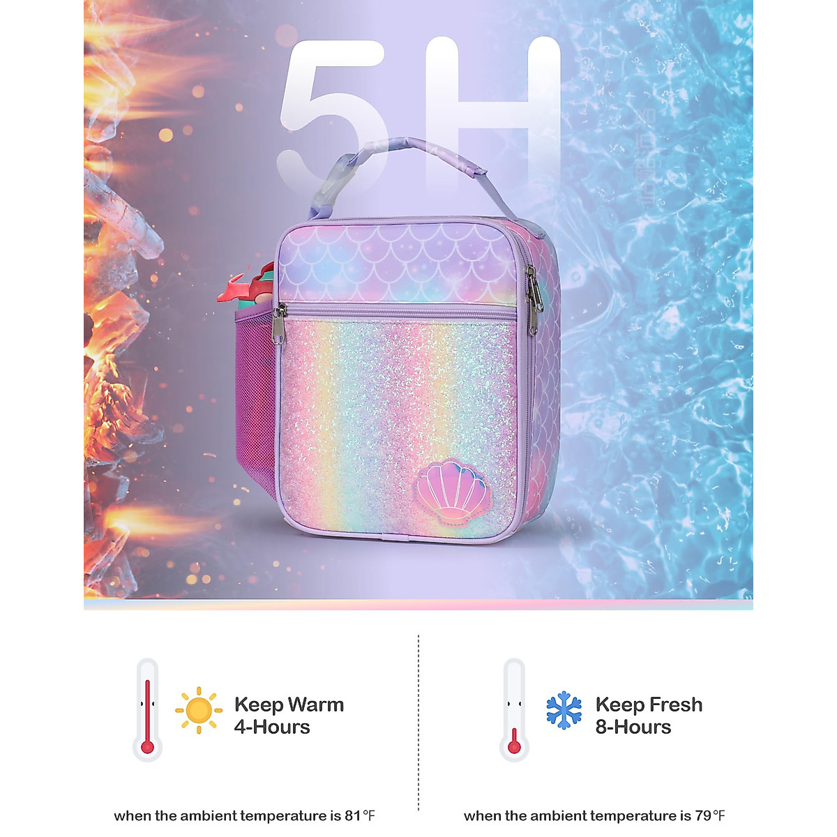 Bagseri Kids Lunch Box Insulated - Lunch Box Bag for Girls, Portable Reusable Toddler Lunch Cooler Bag for School, Water-resistant Lining (Purple, Glitter Mermaid Scale)