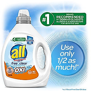 all Liquid Laundry Detergent, Free Clear for Sensitive Skin with OXI, Unscented and Hypoallergenic, 2X Concentrated, 90 Loads