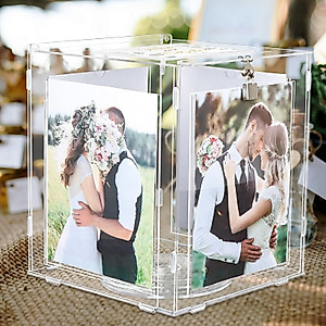 OurWarm Acrylic Wedding Card Box with Picture Frame for 8x10 Photos, Large Rotatable Envelope Post Money Gift Box Holder with Lock Slot for Reception Anniversary Graduation Birthday Party Baby Shower