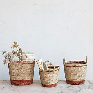 Creative Co-Op Woven Seagrass Baskets with Stripes and Handles, Natural and Brown, Set of 3