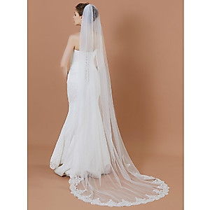 BEAUTELICATE Wedding Bridal Veil with Comb 1 Tier Lace Applique Chapel Length 90" White