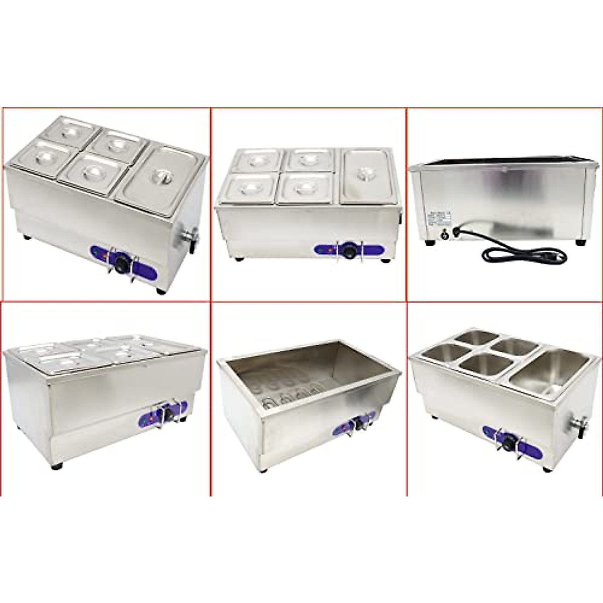 INTSUPERMAI 5 Pots Electric Commercial Food Soup Warmer Canteen Buffet Steam Heater Stainless Steel 110V 1500W 1/6 GN x4+1/3GN x1 6 inch deep Adjustable Temp Restaurants, Catering and Parties