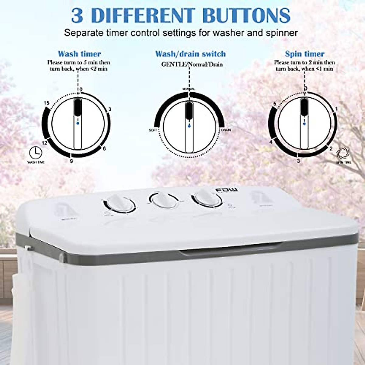 Portable Washing Machine, Mini Twin Tub Laundry Machine lavadora 17lbs Capacity (10lbs Washing & 7lbs Spinning), Portable Washer and Dryer Combo for Apartments, Dorms, with Inlet & Drain Hose, White