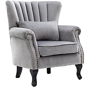 DM Furniture Mid Century Accent Chair Modern Tufted Wingback Armchairs Club Chair Velvet Single Sofa Lounge Chair with Pillow for Living Room, Grey