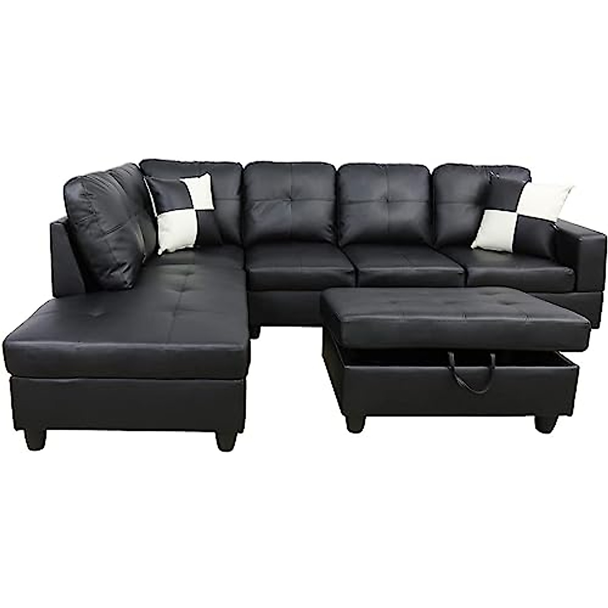 ERYE Faux Leather Corner Sectional Sofa Couch with Chaise and Storage Ottoman, L-Shaped Upholstered Sofa&Couch W/ 2 Pillows for Home Office Apartment Living Room Furniture Sets