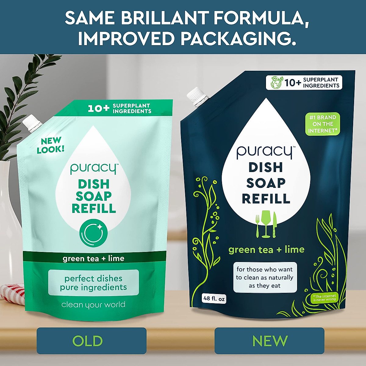 Puracy Natural Dish Soap Refill - Skin-Softening Plant-Based Liquid Dishwashing Detergent Soap, Clean-Rinsing Water-Sheeting Formula (Green Tea & Lime, 48 fl oz)