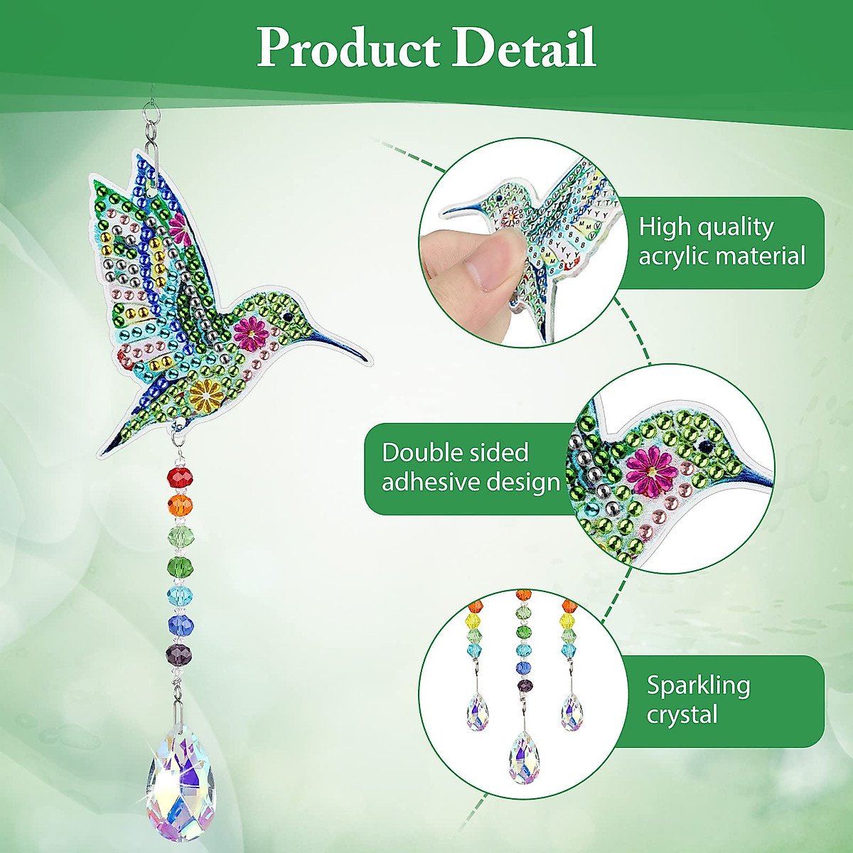 3 Pieces DIY Diamond Painting Suncatcher Wind Chimes, 5D Double Sided Hanging Diamond Art Wind Chime Painting Ornaments with Crystal Pendant for Home Garden Decoration Adults Kids Gift