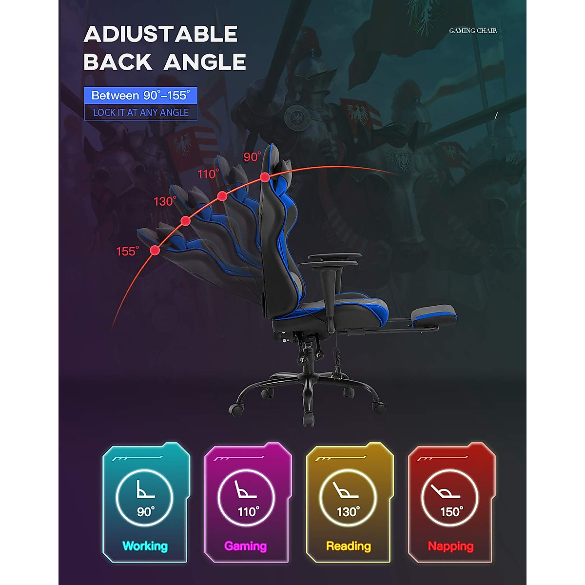 Gaming Chair Office Chair Desk Chair Massage PU Leather Recliner Racing Chair with Headrest Armrest Footrest Rolling Swivel Task PC Ergonomic Computer Chair for Back Support, Blue